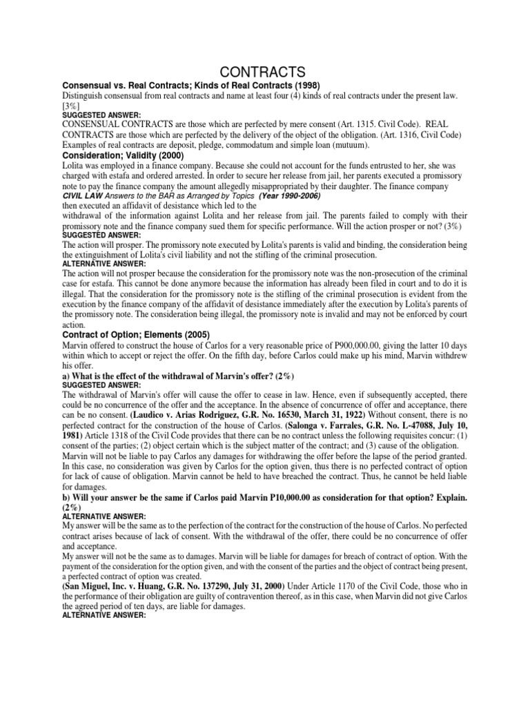 Sample Bar Questions With Answers Oblicon | PDF | Guarantee ...