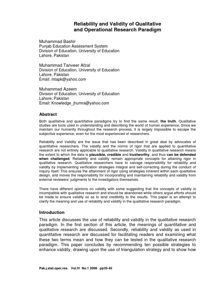 Reliability and Validity of Qualitative and Operational Research Paradigm | PDF | Qualitative ...