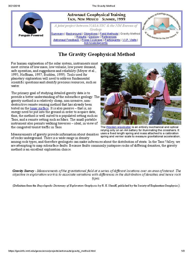 The Gravity Geophysical Method: A Joint Project Between NASA/JSC & The ...