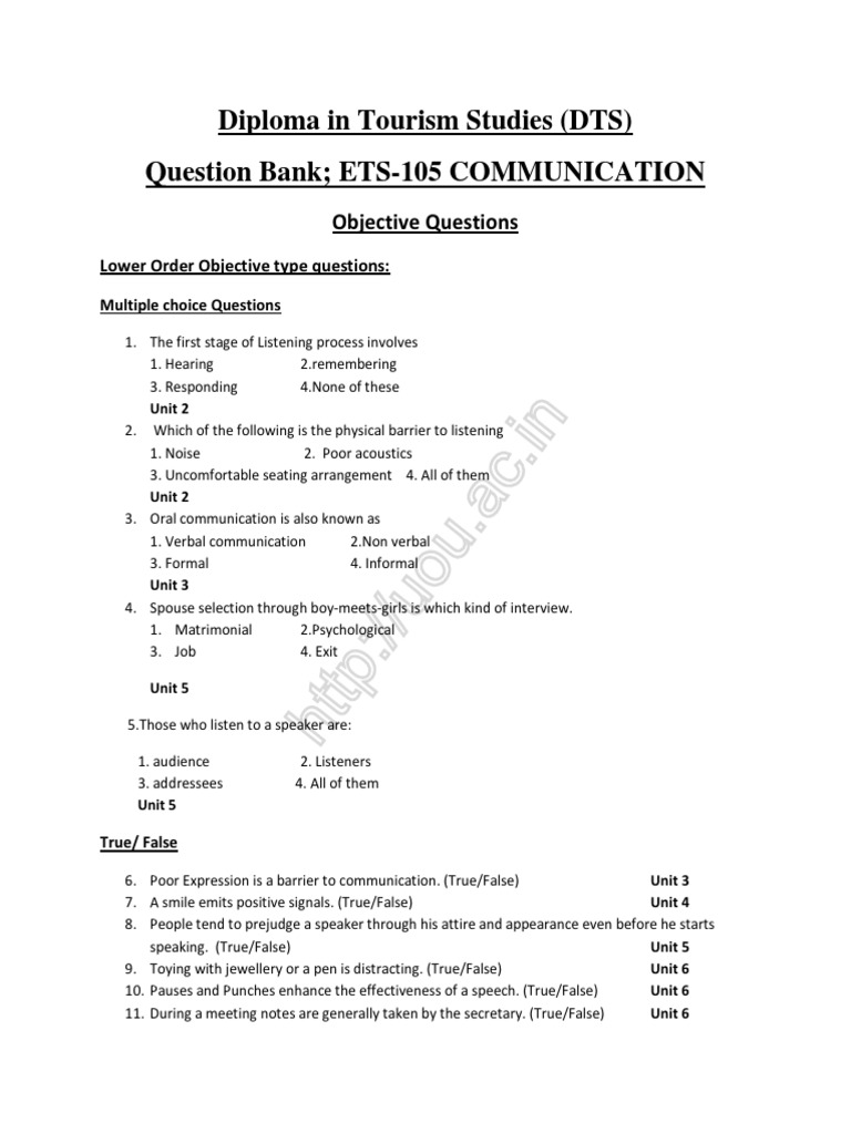 Diploma in Tourism Studies (DTS) Question Bank ETS-105 COMMUNICATION ...