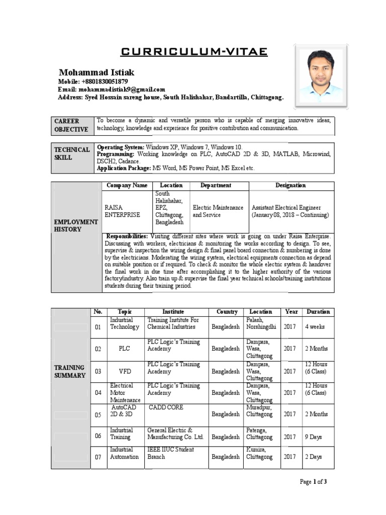Mohammad Istiak (CV) | PDF | Bangladesh | Electrician