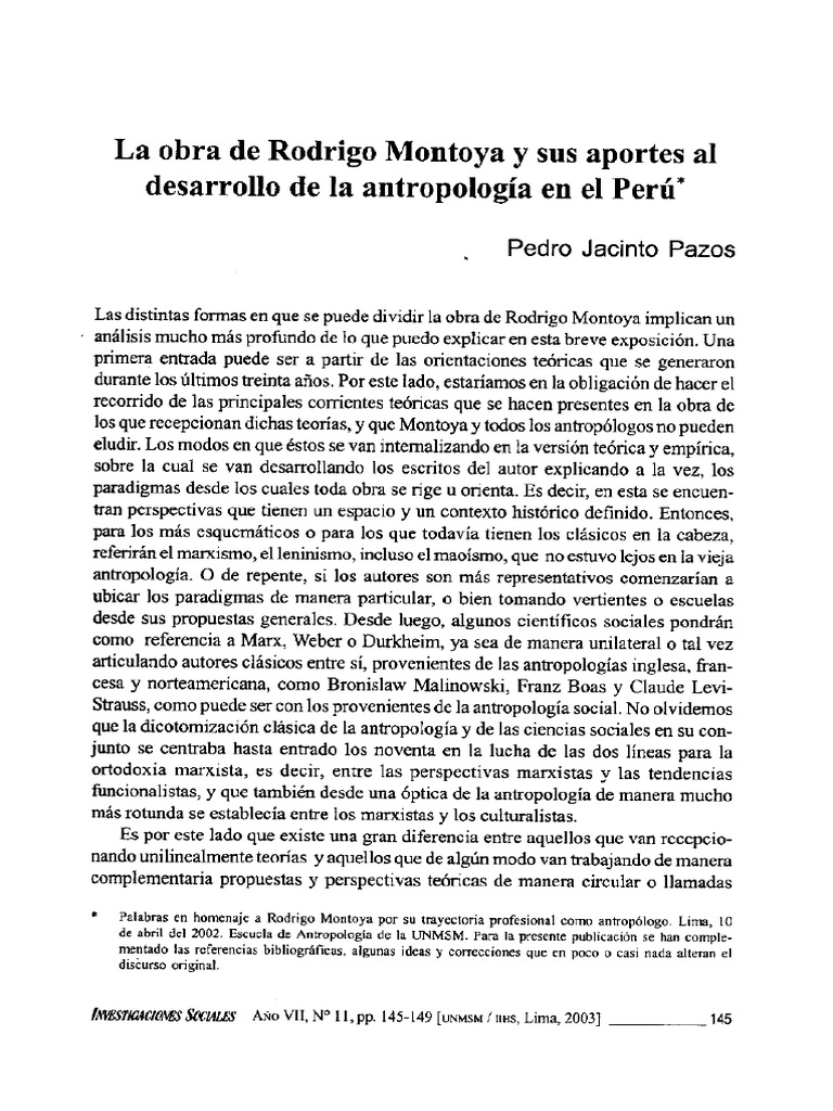 La Obra de Rodrigo Montoya y Sus Aportes Al Desarrollo de La ...