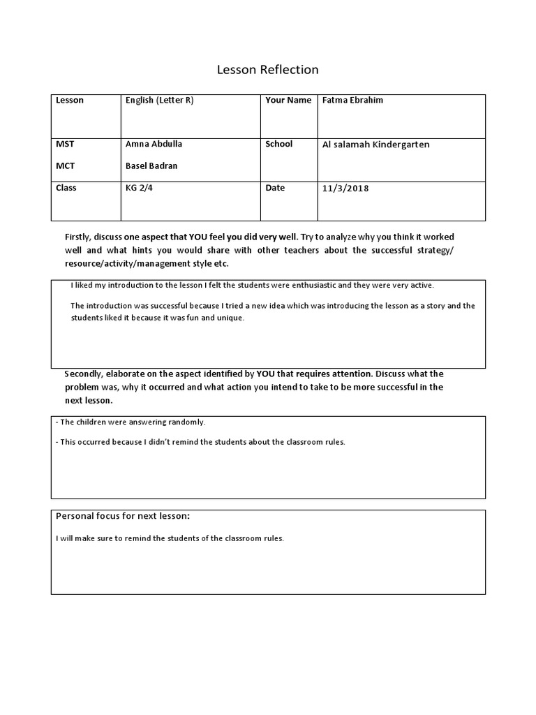 Lesson Reflection: Engaging Strategies in KG 2/4 | PDF