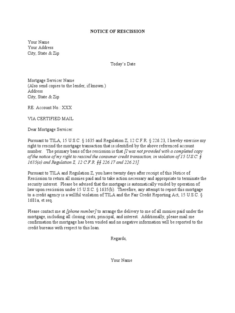 Notice of Rescission for Mortgage | PDF | Finance & Money Management | Law