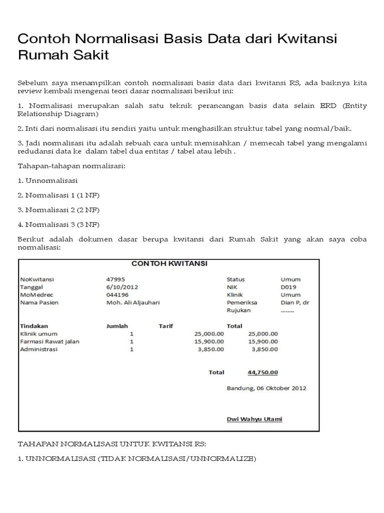 Contoh Normalisasi Basis Data Dari Kwitansi Rumah Sakit | PDF | Sains & Matematika