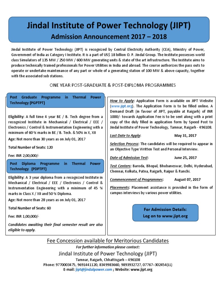 Jindal Institute of Power Technology (JIPT) : Admission Announcement ...
