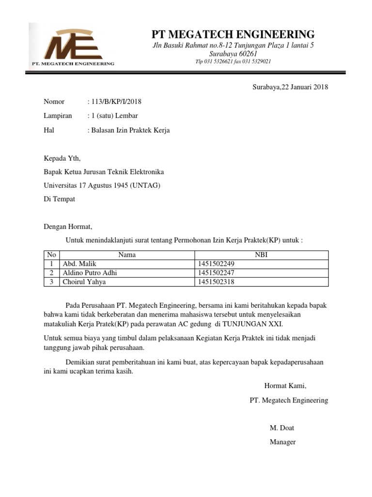Surat Balasan Magang PT Megatech | PDF