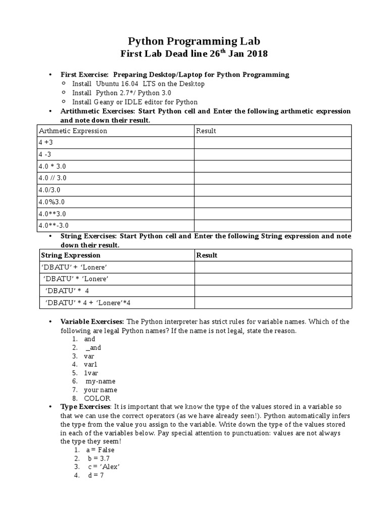 Python Programming Lab: First Lab Dead Line 26 Jan 2018 | PDF