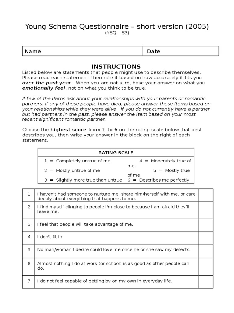 Young Schema Questionnaire - Short Form (2005).doc | Psychological Concepts | Psychology