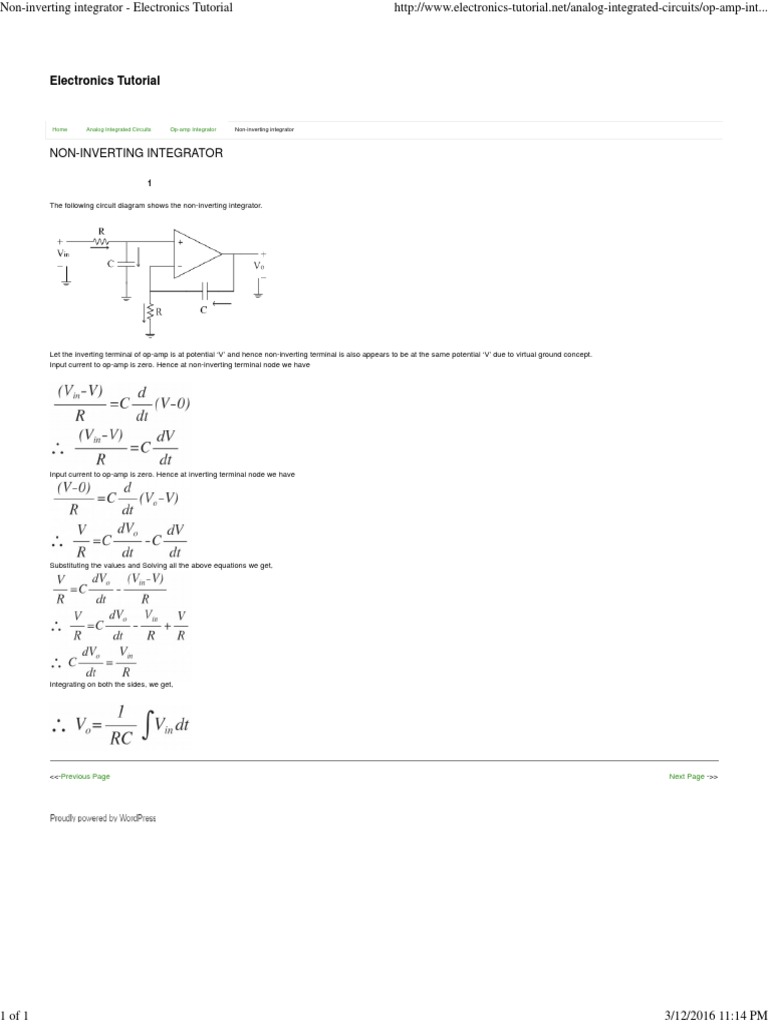 Electronics Tutorial - Non-Inverting Integrator Op-Amp Circuit | PDF