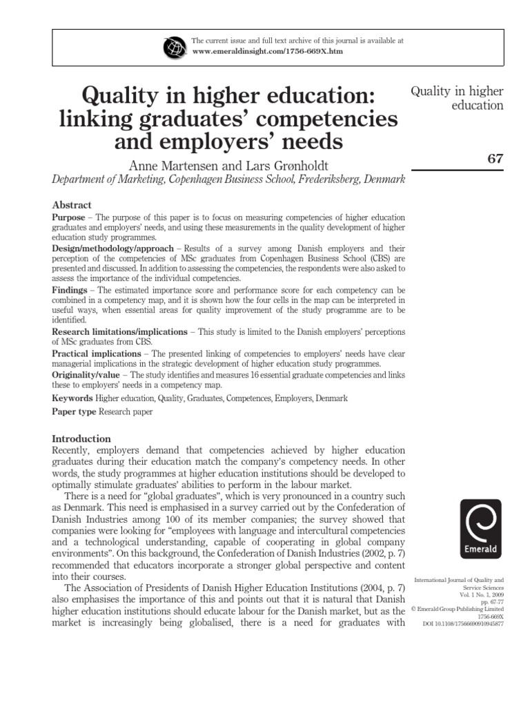 Quality in Higher Education: Linking Graduates' Competencies and ...