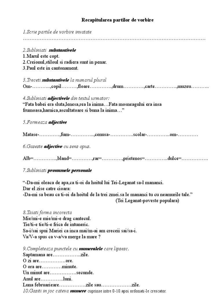 Fisa Lucru - Recapitulare Parti Vorbire Clasa A 4-A | PDF