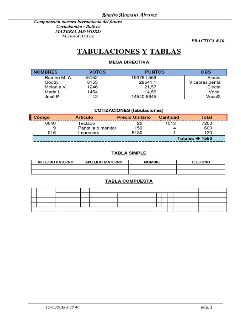 Practica #10 RMA - Tabulaciones y Tablas en Word | PDF