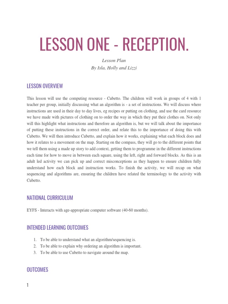 Reception Lesson Plan | PDF | Algorithms | Debugging
