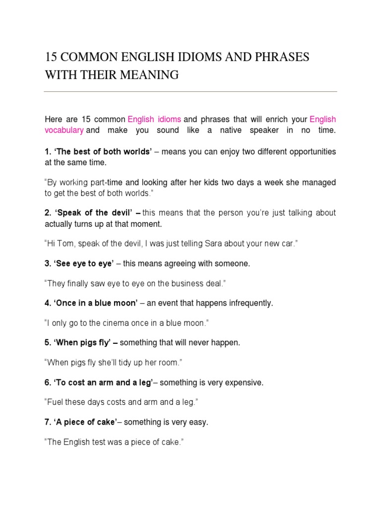 15 Common English Idioms and Phrases With Their Meaning | PDF