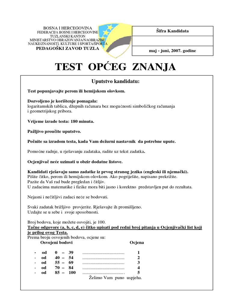 Test Opceg Znanja | PDF