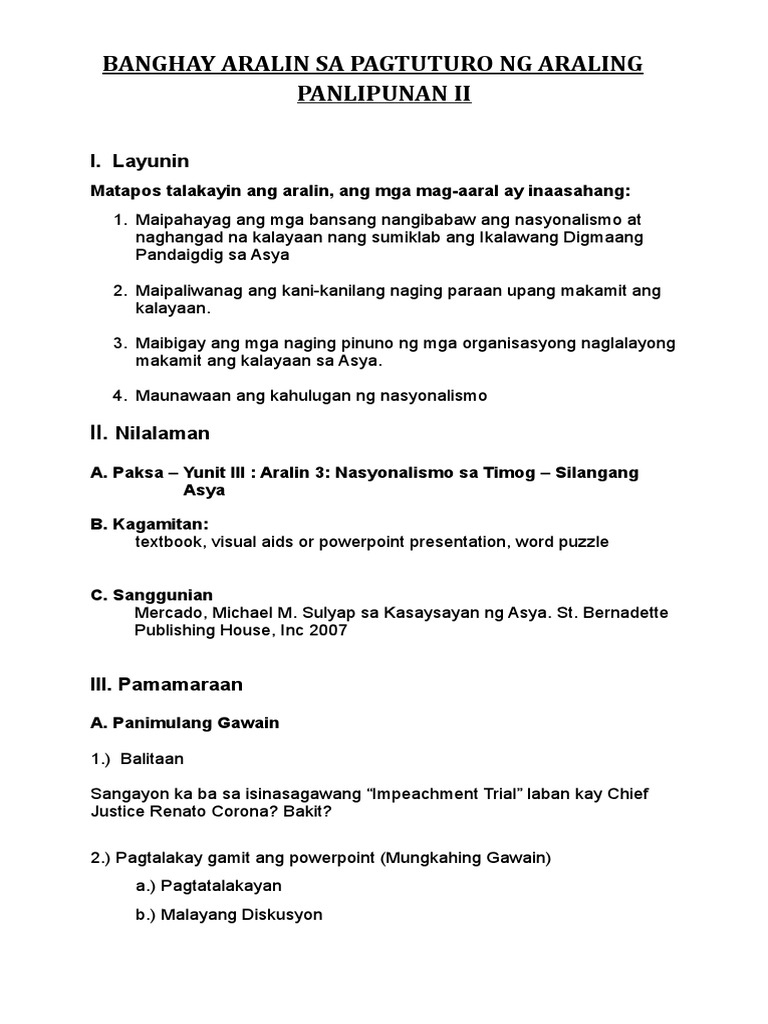 Banghay Aralin Sa Pagtuturo NG Araling Panlipunan II | PDF Banghay Aralin Sa Pagtuturo NG Araling Panlipunan II | PDF