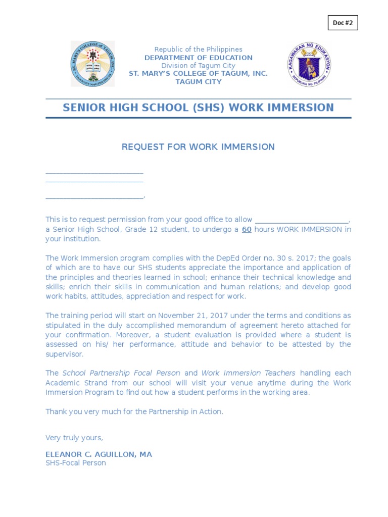 2 Request For Work Immersion | PDF