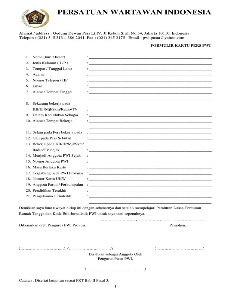 Formulir Kartu Pers Pwi | PDF