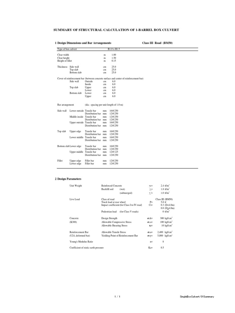 Summary of Structural Calculation of 1-Barrel Box Culvert | PDF | Stress (Mechanics) | Bending