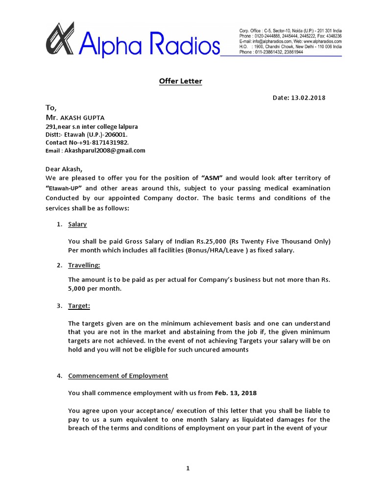 Offer Letter - Akash Gupta PDF | PDF | Identity Document | Employment