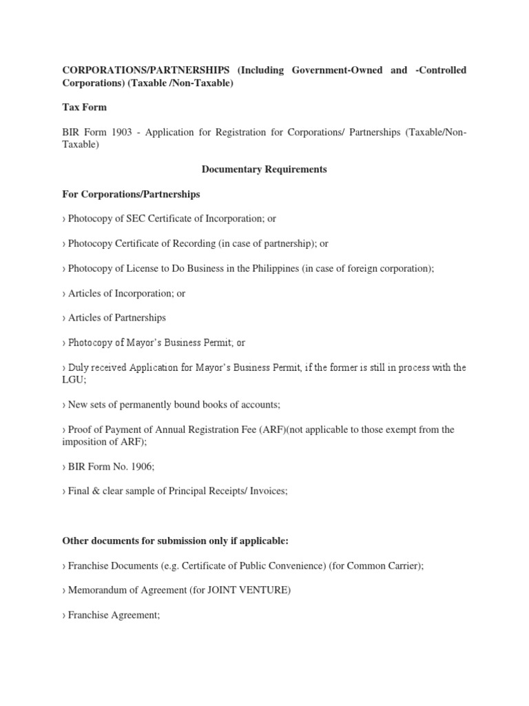 Requirements and Procedure For BIR Reg | PDF | Corporations | Receipt