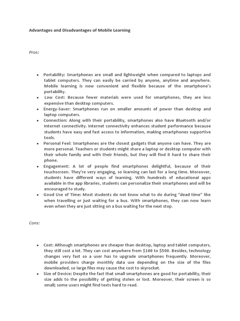 Pros:: Advantages and Disadvantages of Mobile Learning | PDF ...