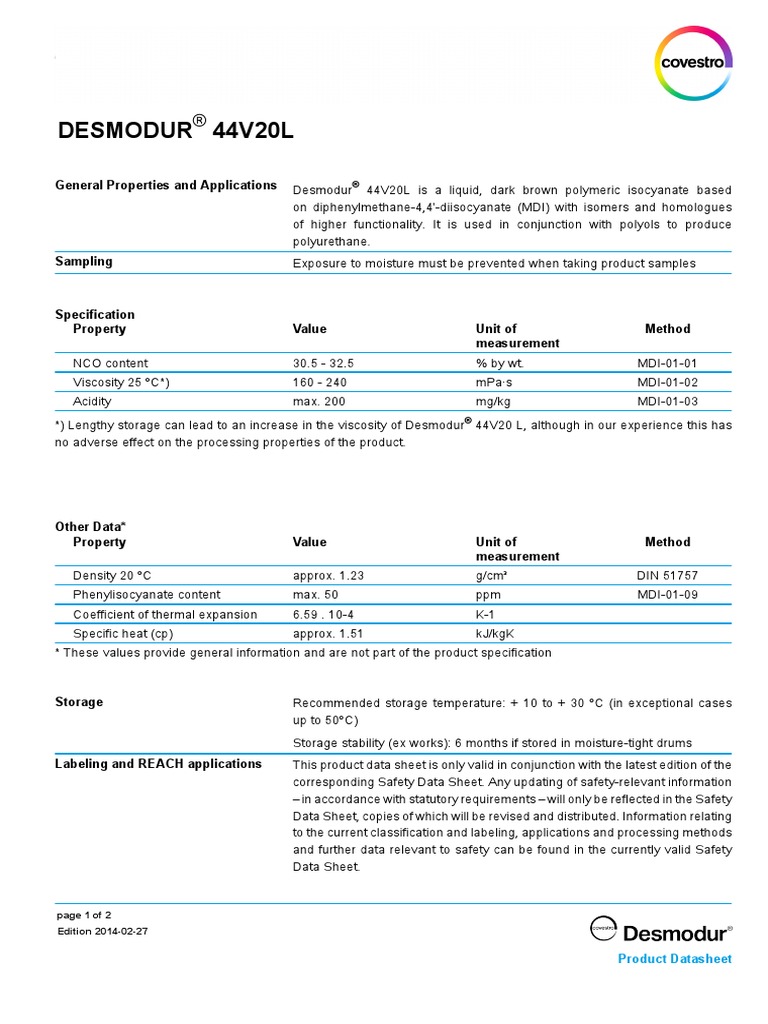 Desmodur 44V20L | PDF | Medical Device | Viscosity