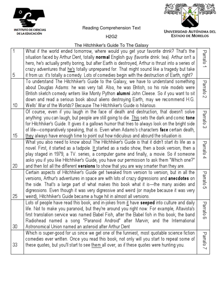 Reading Comprehension Text H2G2 The Hitchhiker's Guide To The Galaxy ...