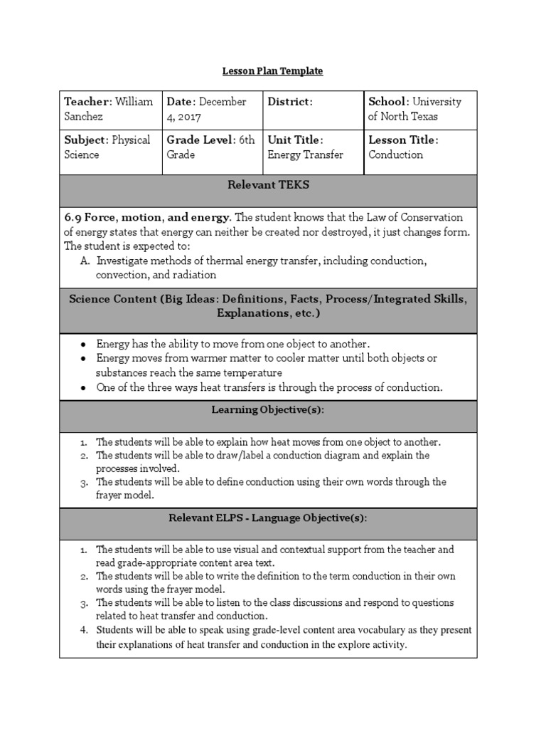5E Lesson Plan on Conduction for 6th Grade | PDF | Thermal Conduction ...