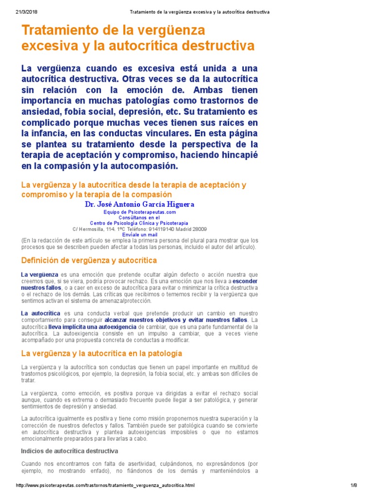 Tratamiento de La Vergüenza Excesiva y La Autocrítica Destructiva | PDF ...