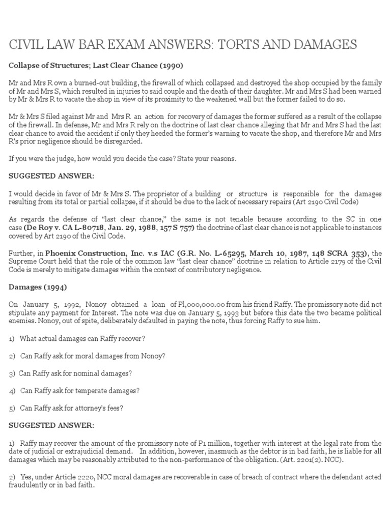 Civil Law Bar Exam Answers | PDF | Vicarious Liability | Damages