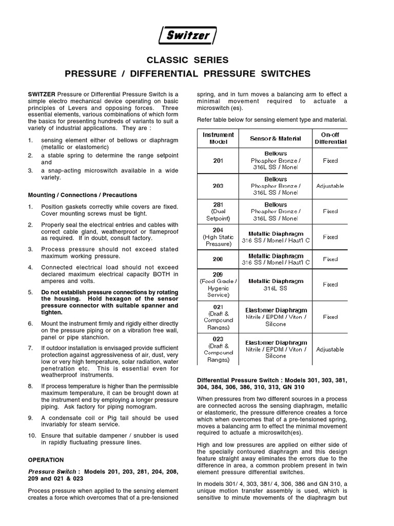 Diff. Pressure Switch | PDF | Switch | Pressure Measurement