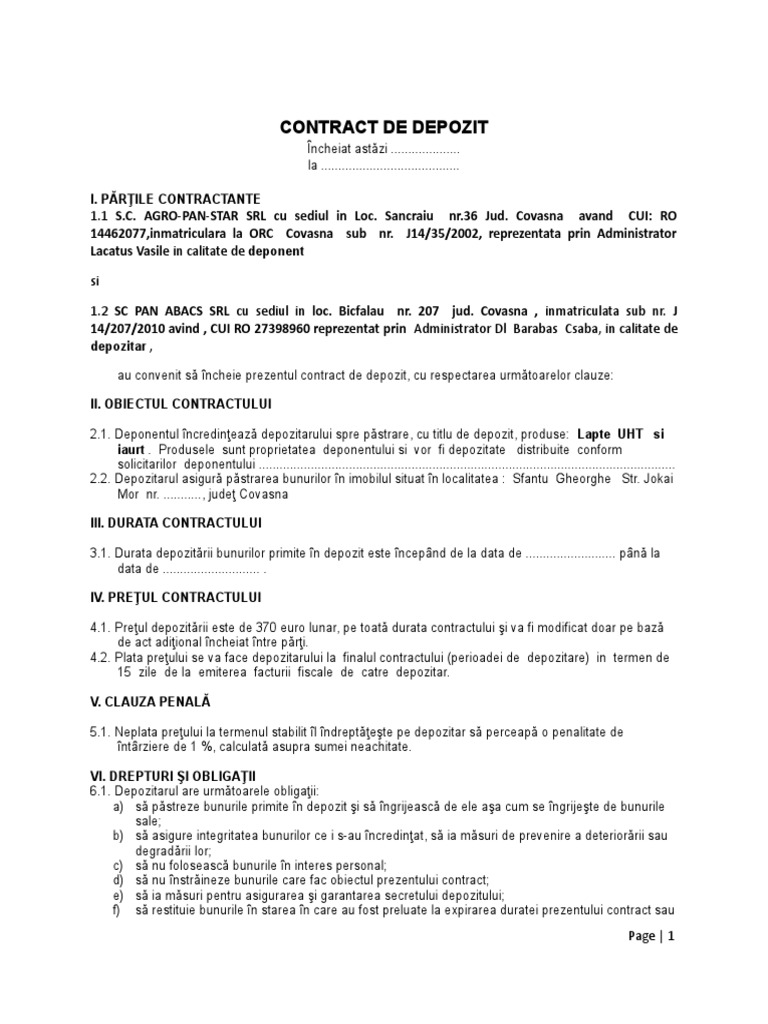 Model Contract de Depozitare Marfa