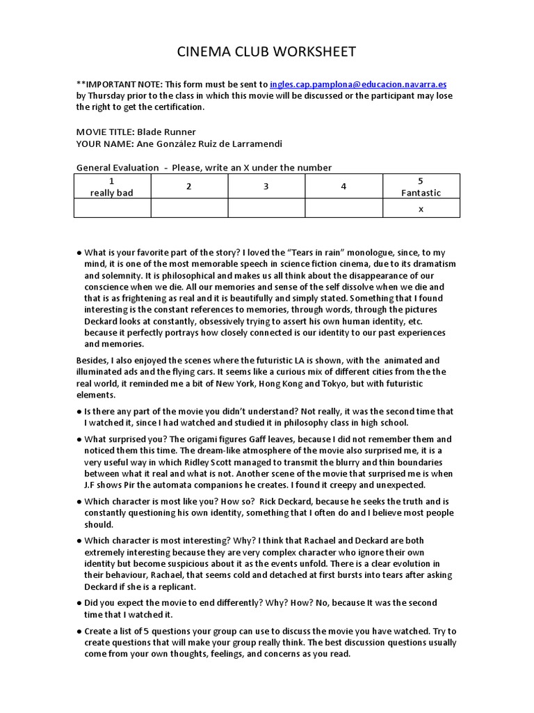 Cinema Club Worksheet | PDF