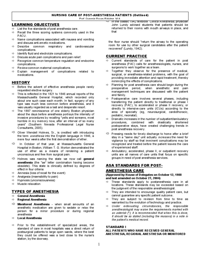 Nursing Care of Post Anesthesia Patients Outlined | PDF | Anesthesia ...