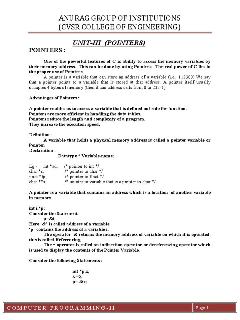CP II Pointers (Unit III) | PDF | Pointer (Computer Programming) | Data Type
