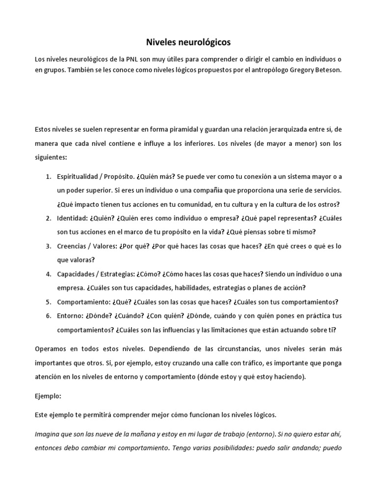 Niveles Neurológicos | PDF | Comportamiento | Conceptos psicologicos Niveles Neurológicos | PDF | Comportamiento | Conceptos psicologicos