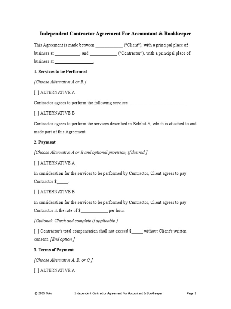 Independent Contractor Agreement For Accountant & Bookkeeper | PDF ...
