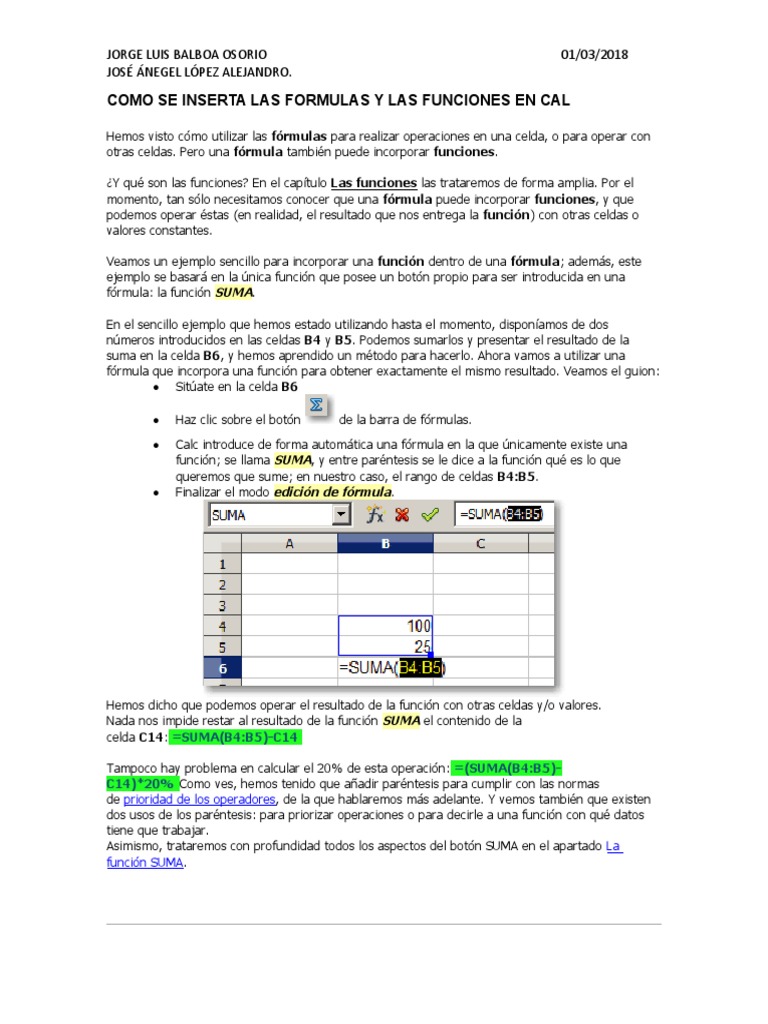 Formulas y Las Funciones en Cal | PDF | Hoja de cálculo | Enseñanza de ...