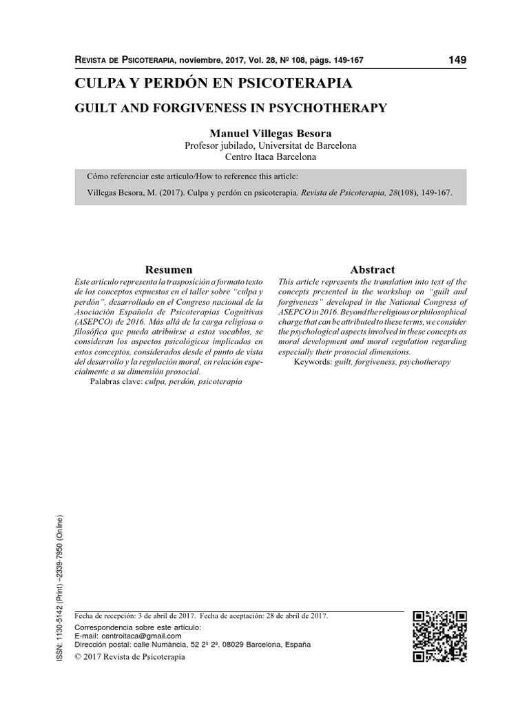 Culpa Y Perdón En Psicoterapia Pdf Perdón Venganza