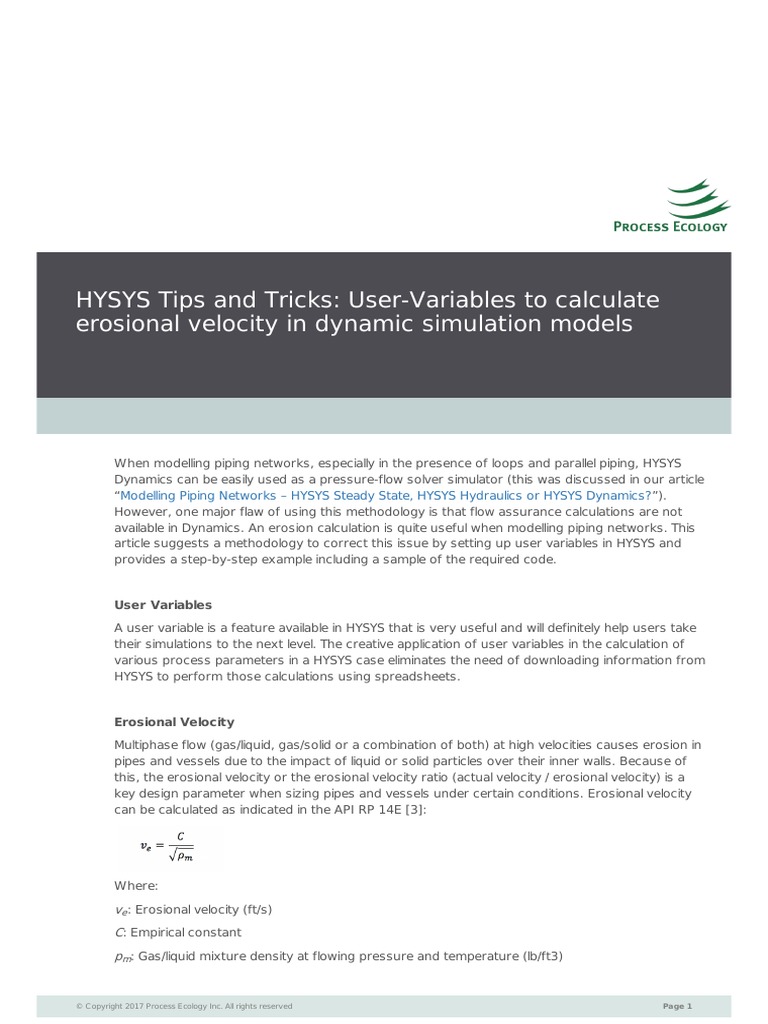 Hysys Tips and Tricks User Variables To Calculate Erosional Velocity in Dynamic Simulation ...
