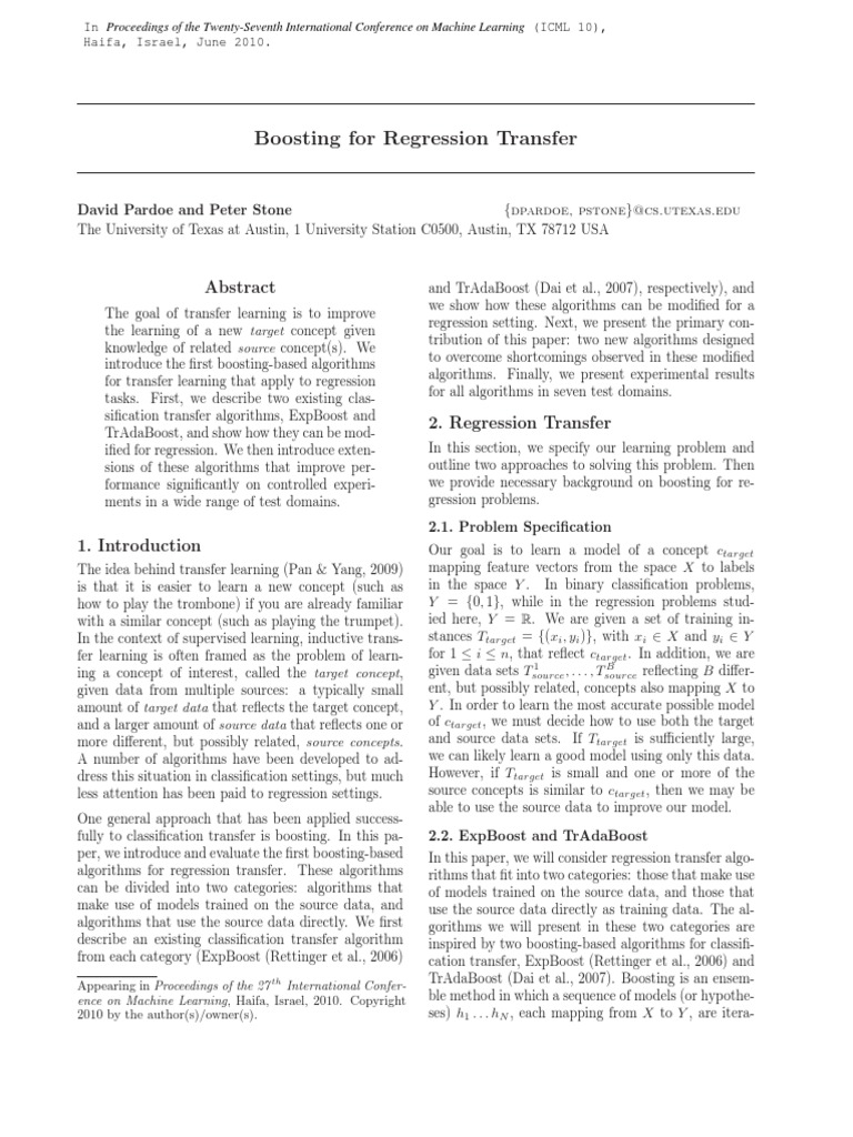 Boosting For Regression Transfer | PDF | Regression Analysis | Machine Learning