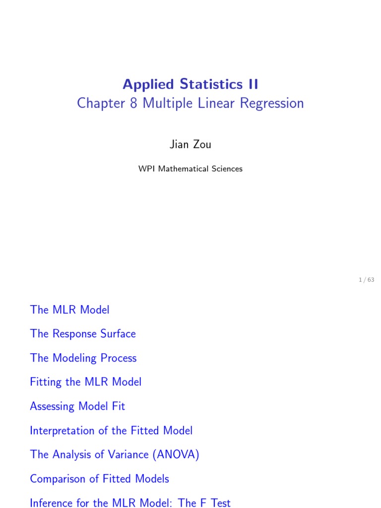 Applied Statistics II Chapter 8 Multiple Linear Regression: Jian Zou | PDF | Multicollinearity ...