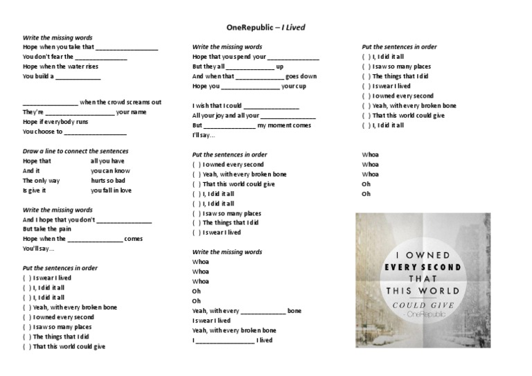 I LIVED - One Republic - Song Worksheet | PDF