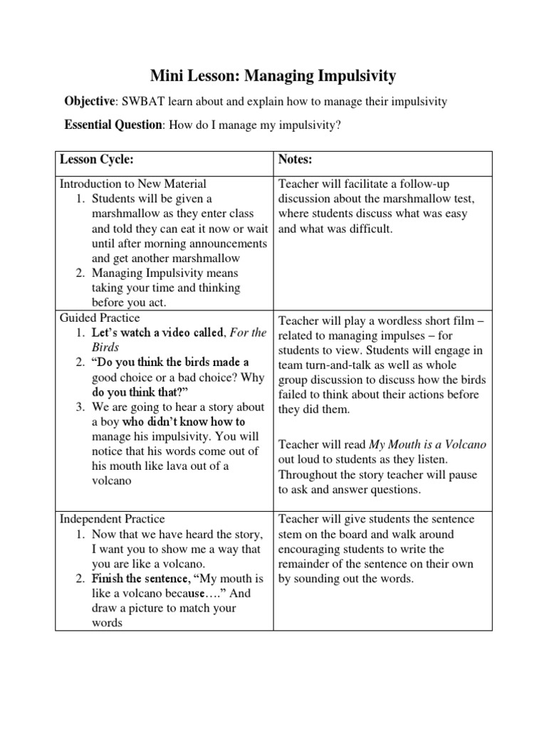 Mini Lesson Managing Impulsivity | PDF | Impulsivity | Teachers