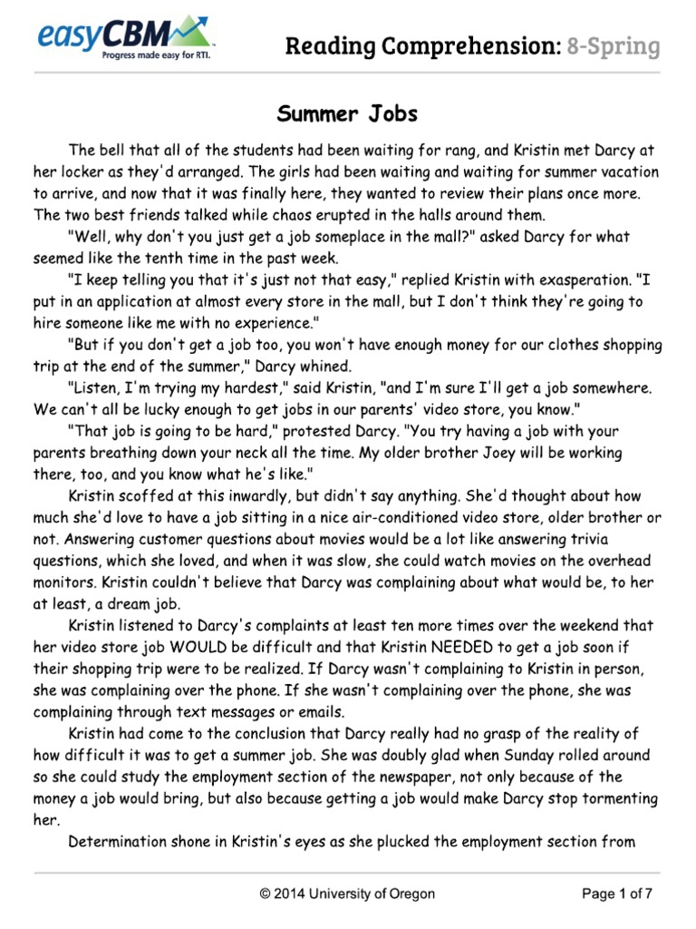 Multiple Choice Reading Comprehension Grade 8 Form Spring | PDF