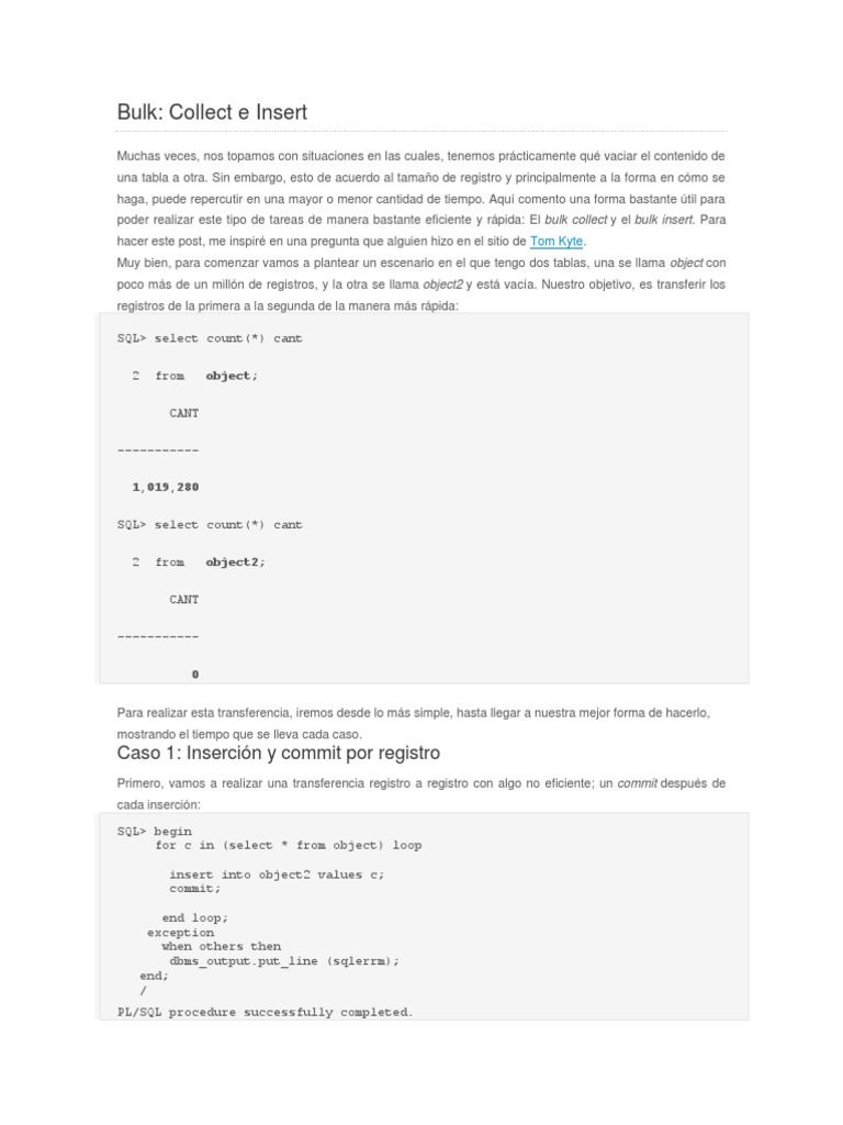 Bulk Collect e Insert | PDF | Tabla (base de datos) | SQL