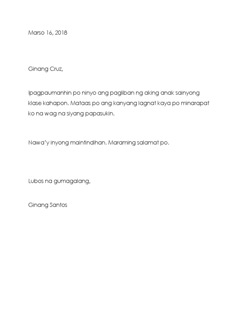 Tagalog Excuse Letter Sample | PDF