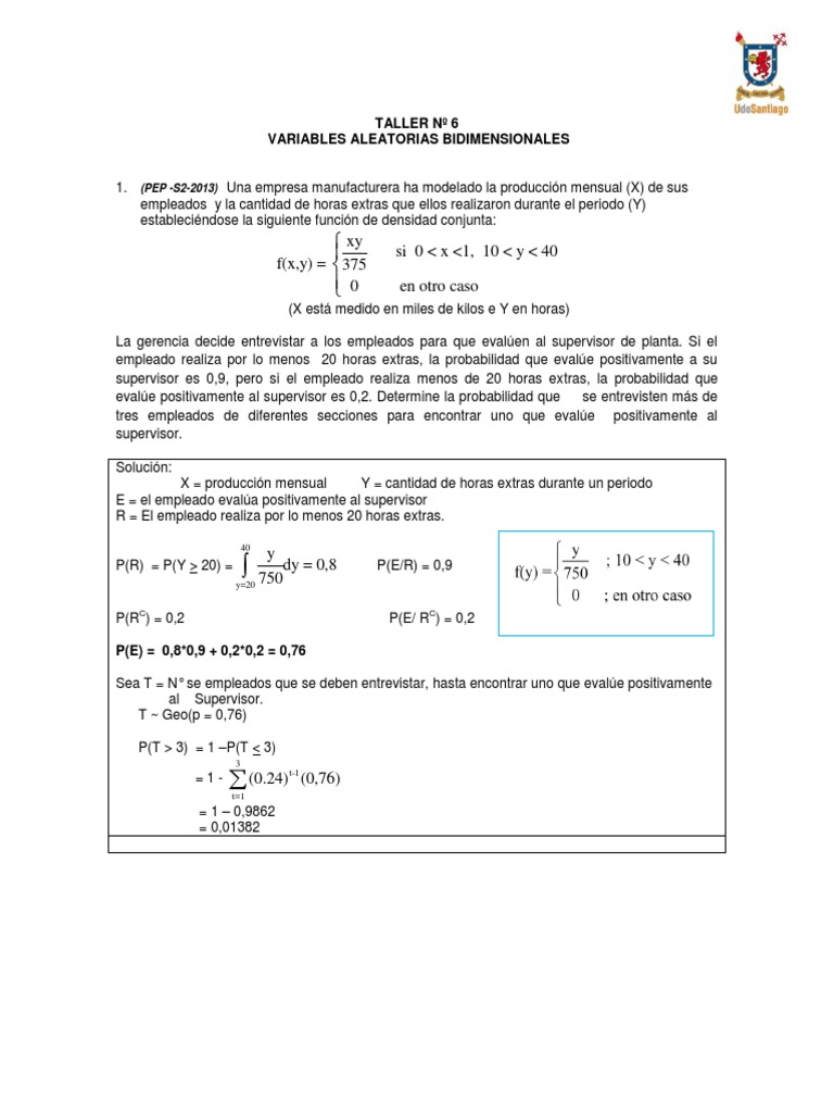 TALLER 6 Variable Aleatoria Bidimensional | PDF | Variable aleatoria | Presión